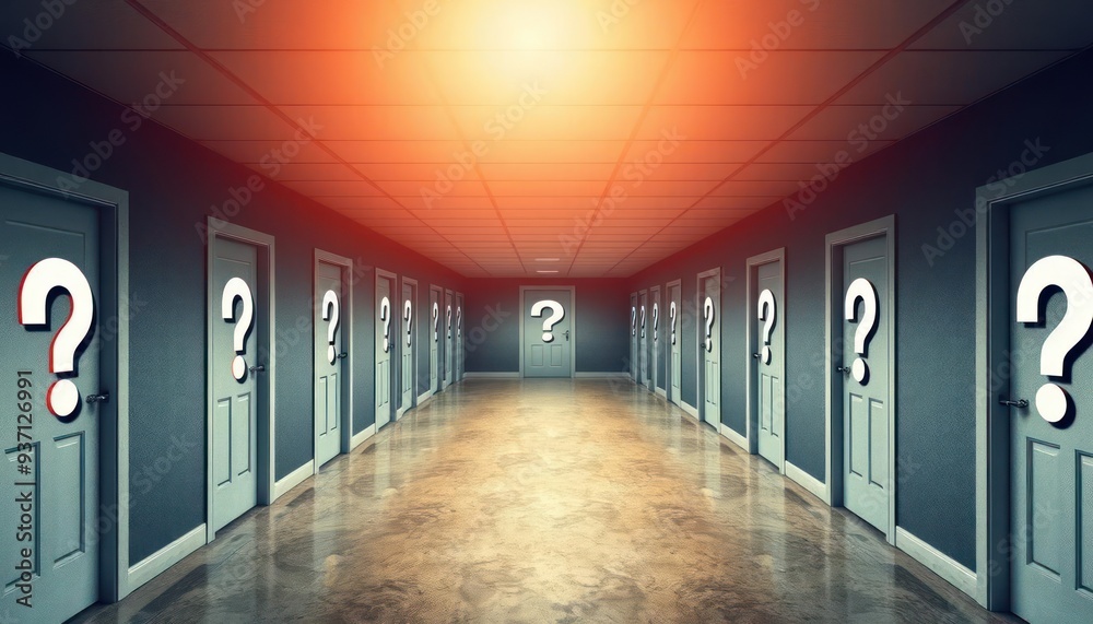 hallway with multipledoors, each marked with a question mark ...