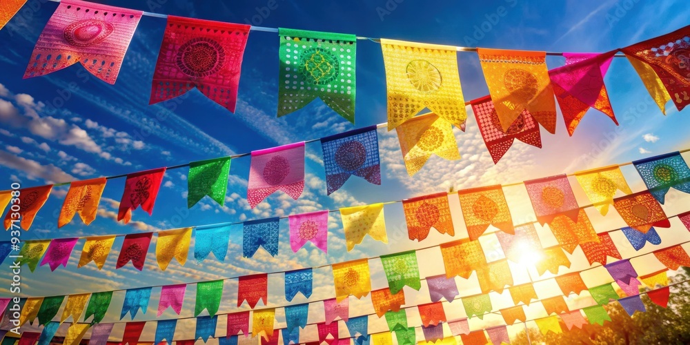 Colorful paper flags and garlands hanging in the air for Hispanic ...