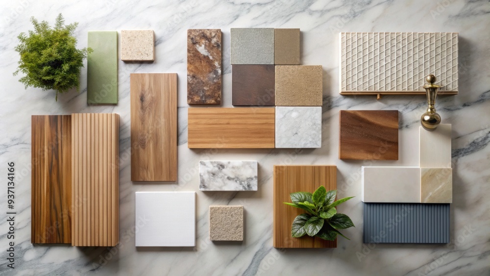 Top view moodboard with material samples of wood and marble, top view ...