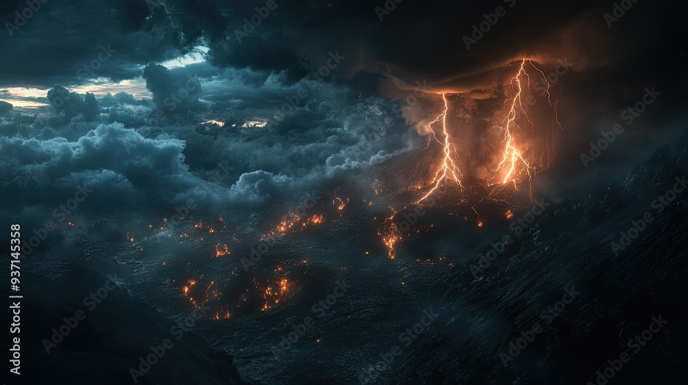 Lightning bolts burst from the crater of an erupting volcano ...