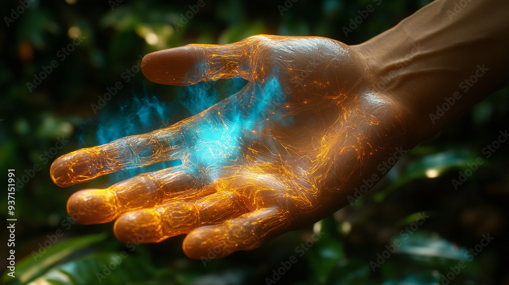 human hand morphing into a digital hand symbolizes the fusion of ...