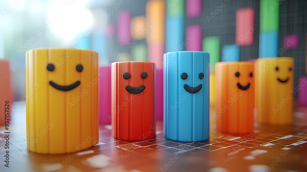 Happy smiley faces displayed on a colorful bars chart, blending playful ...