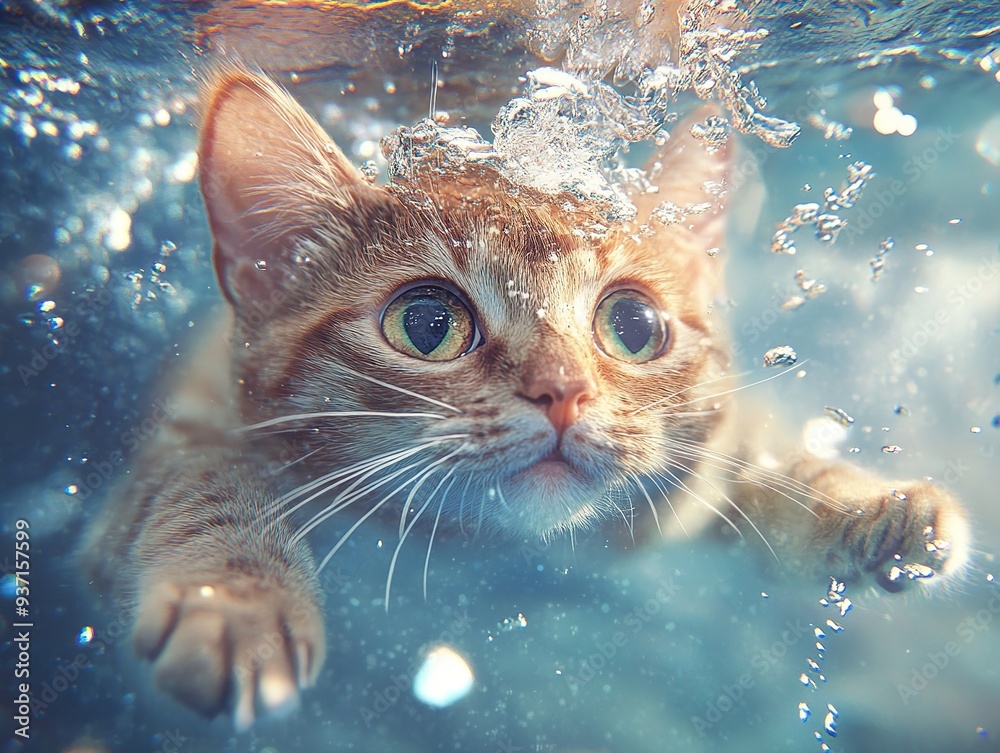 Adventurous feline exploring the depths, a cat swimming underwater with ...