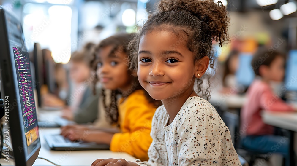 Happy diverse school girl smiling at the camera in a computer lab ...