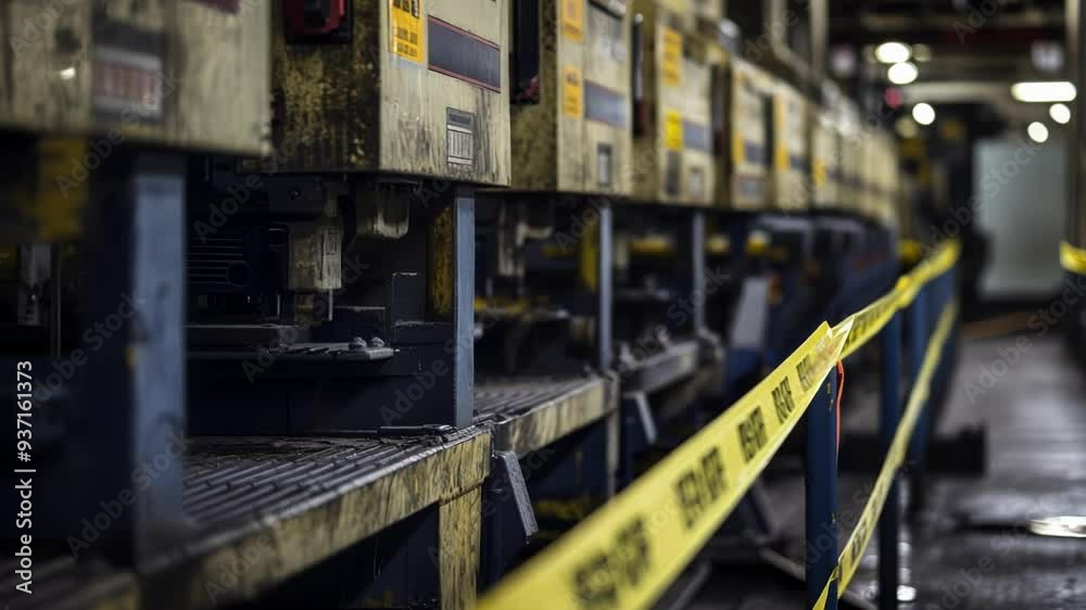 Old industrial machines behind caution tape, hinting at a pause in ...