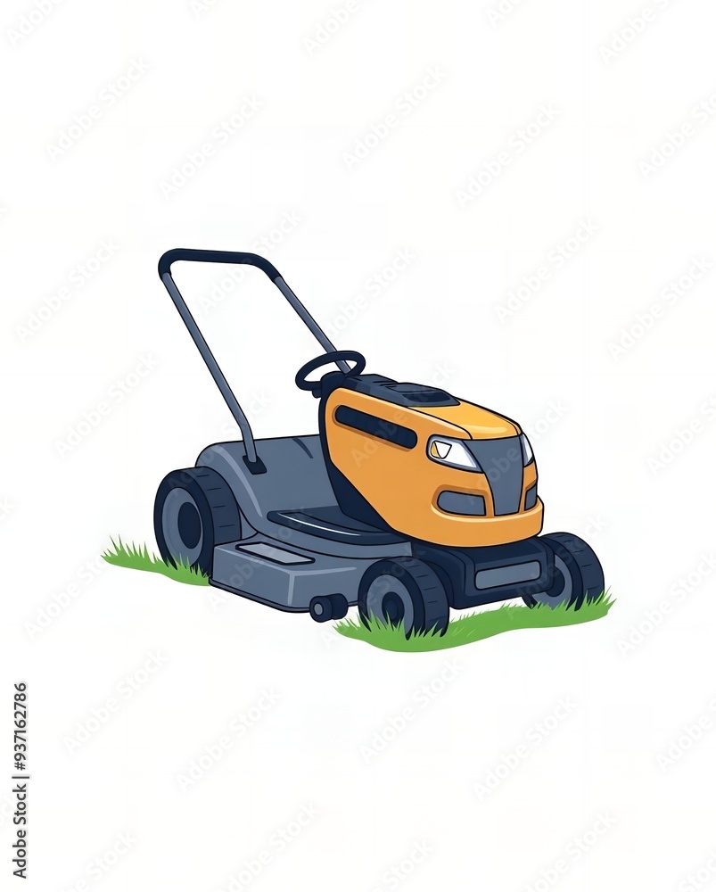 cartoon illustration of a lawn mower on grass with a white background ...