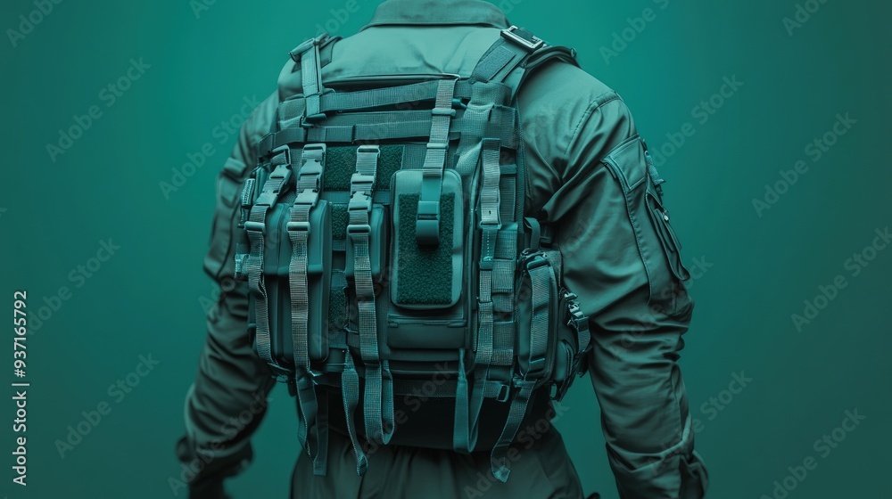 Advanced exoskeleton worn by a soldier, metallic textures, battlefield ...