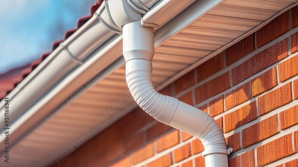 White gutter downspout connected to a white gutter system on a brick ...