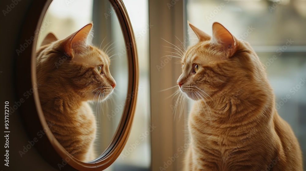 Curious Cat Gazing at Reflection in Mirror - A ginger tabby cat sits ...