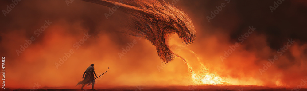Dragon Fire: A Fiery Showdown - A lone warrior faces a fearsome dragon ...