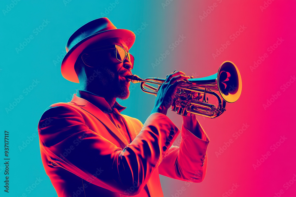 Jazz Trumpet Player Silhouette in Neon Lights: A soulful musician in a ...