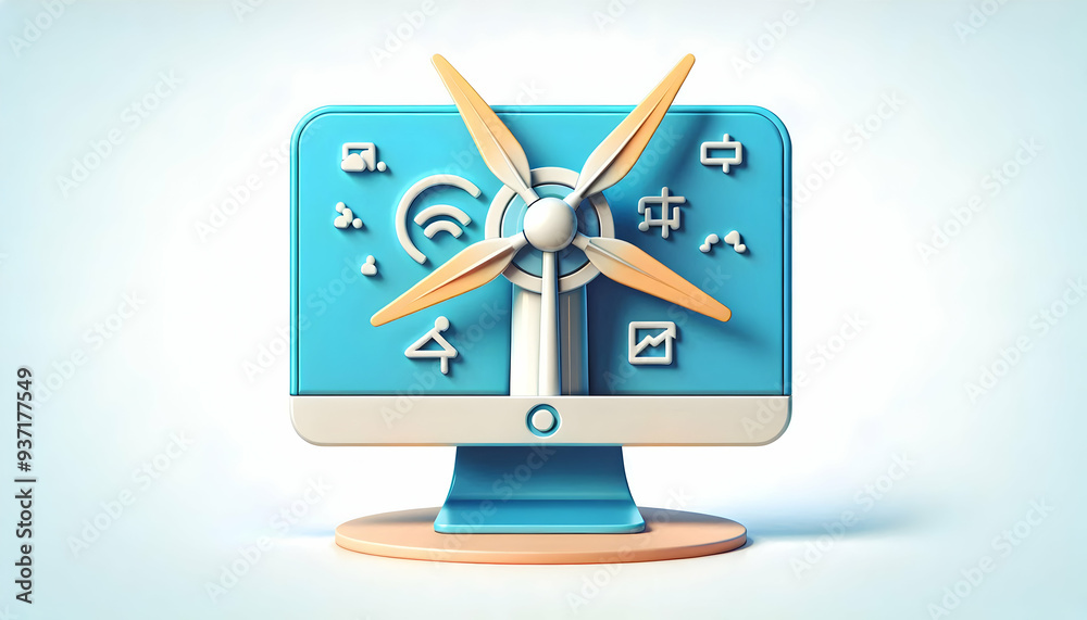 3D Icon as Wind turbine and computer monitor concept as A wind turbine ...