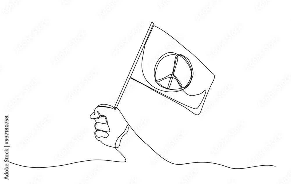 One continuous line drawing hand holding flag with peace symbol. Hand ...
