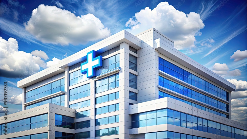 A modern, white, multi-story hospital building with a blue cross icon ...