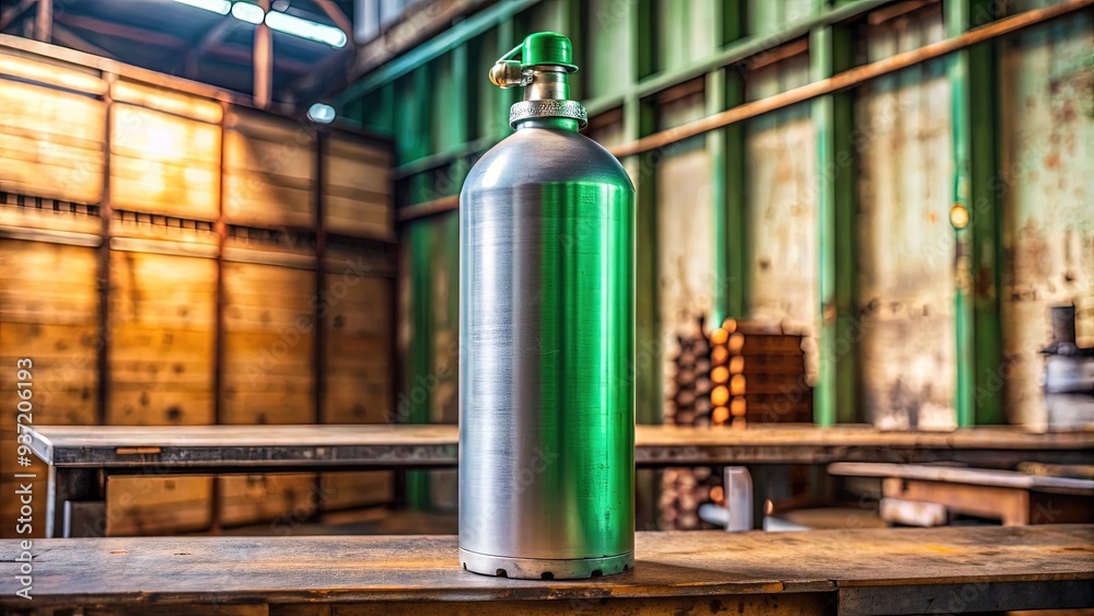 A shiny silver compressed gas cylinder with a green cap and label ...