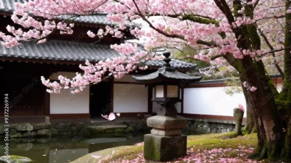 Traditional Japanese garden with cherry blossom tree, pond, and stone ...