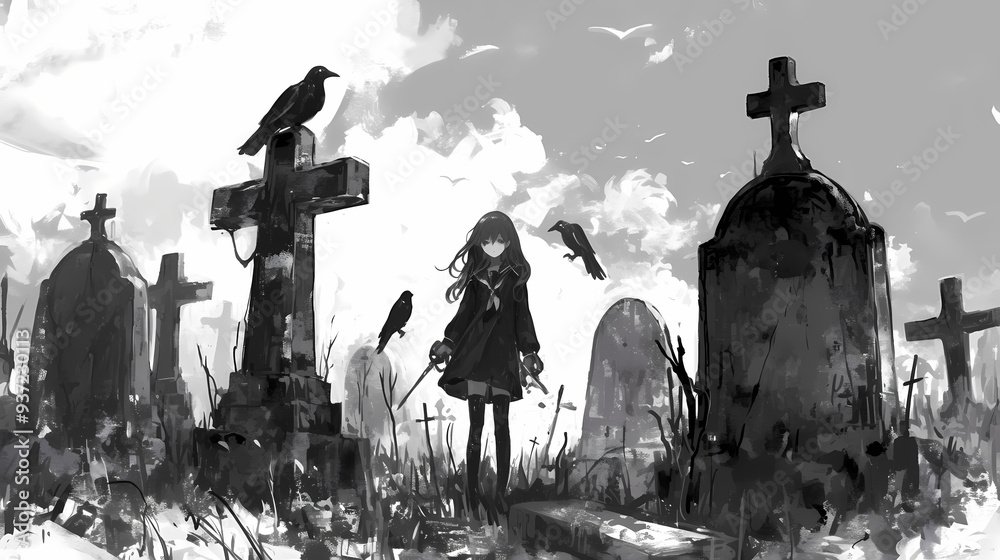 Horror Ambient Character in a Graveyard Black and White in Anime Manga ...