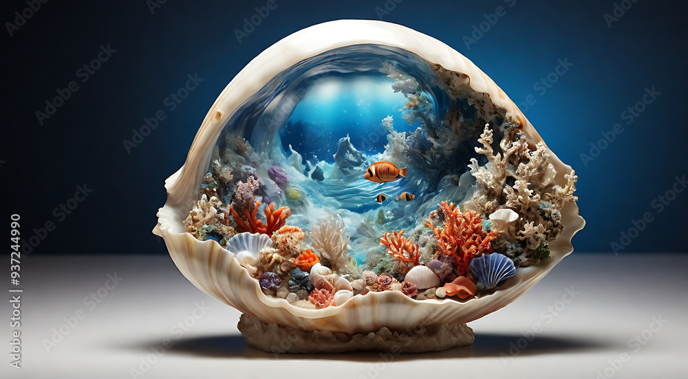Conceptual Artwork of a Miniature Ocean Inside a Seashell, with Waves ...