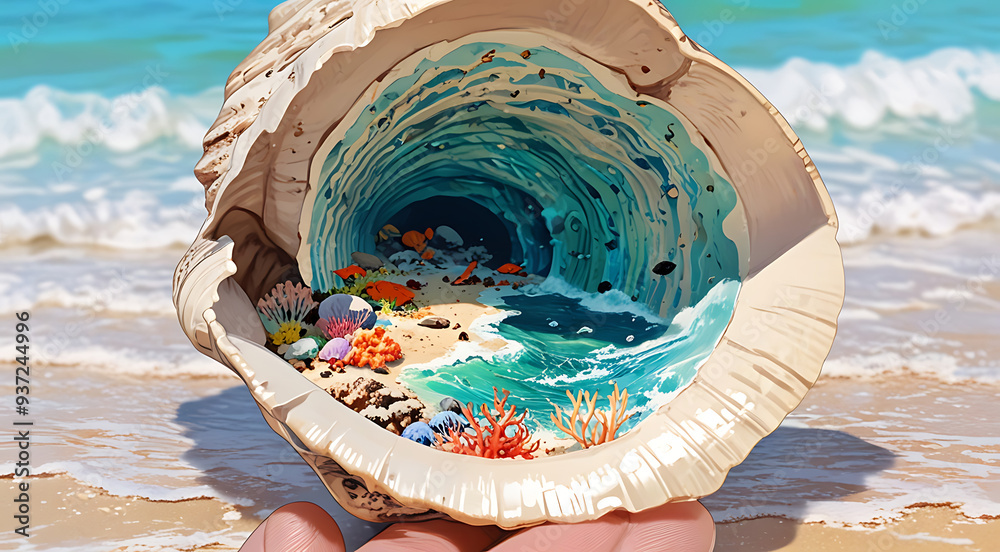 Conceptual Artwork of a Miniature Ocean Inside a Seashell, with Waves ...