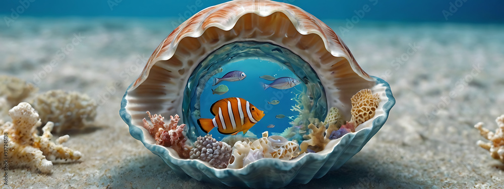 Conceptual Artwork of a Miniature Ocean Inside a Seashell, with Waves ...