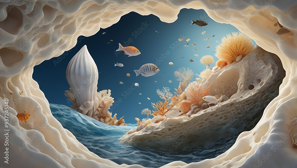 Conceptual Artwork of a Miniature Ocean Inside a Seashell, with Waves ...