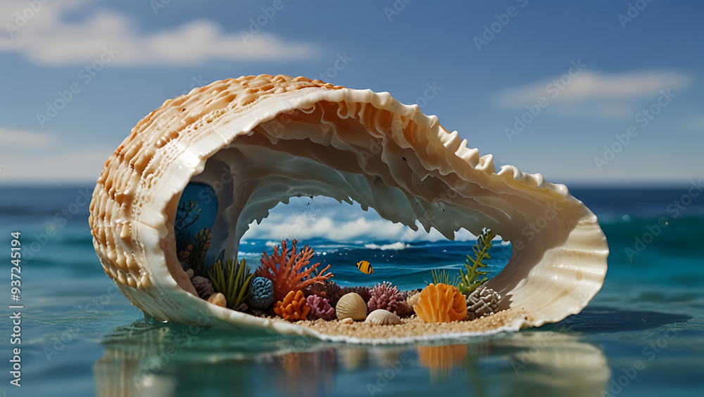 Conceptual Artwork of a Miniature Ocean Inside a Seashell, with Waves ...