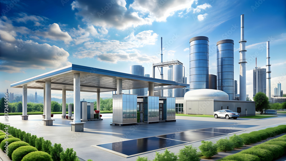 Photo Realistic as Hydrogen fuel station and manufacturing hub concept ...