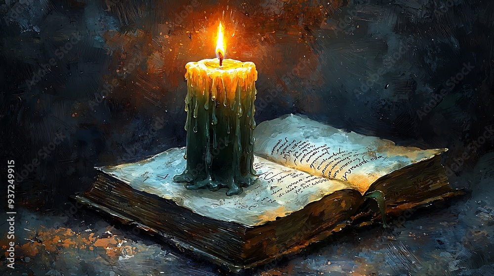 Burning candle and old book painting illustration, blending the warmth ...