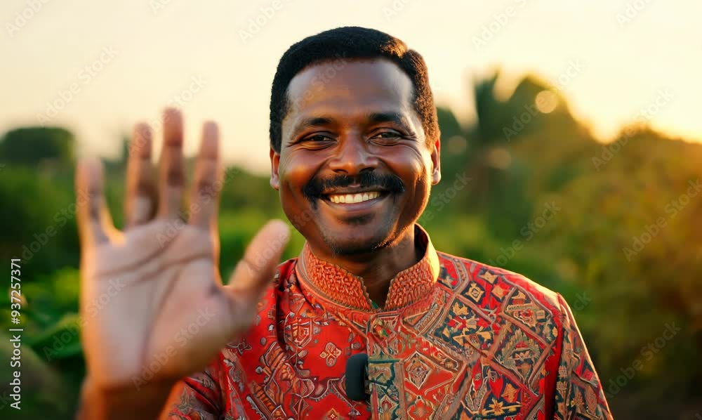 Malawian Man Saying Goodbye in Traditional Attire with Lush Greenery ...
