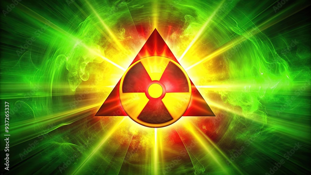 Glowing radioactive symbol with bold red and yellow hazard stripes ...