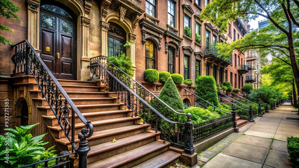 Historic brownstone townhouse with ornate stoop, iron railing, and rich ...