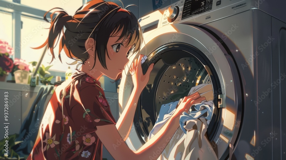 An anime woman focuses on washing clothes in a modern washing machine ...