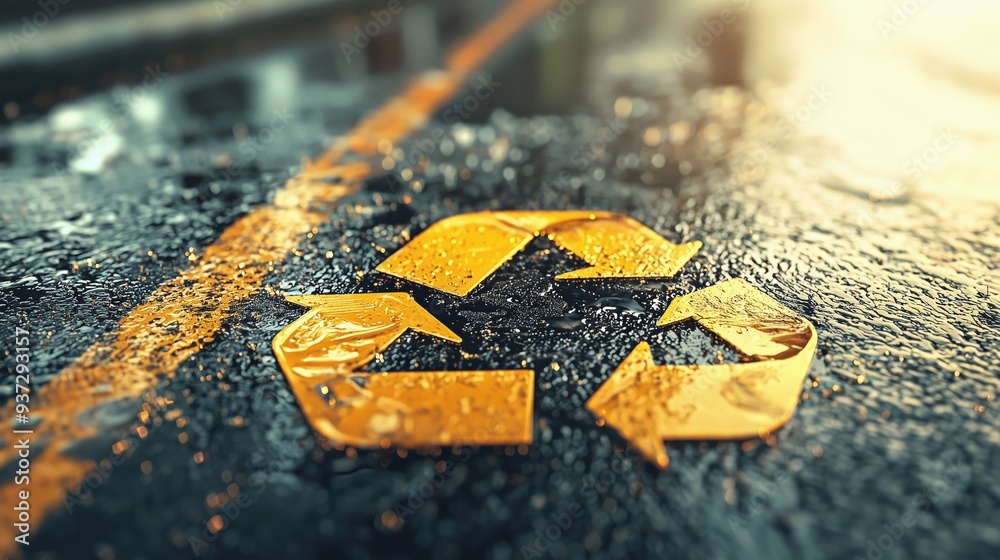 Moody Morning Reflection: Wet Asphalt Road with Highlighted Recycling ...
