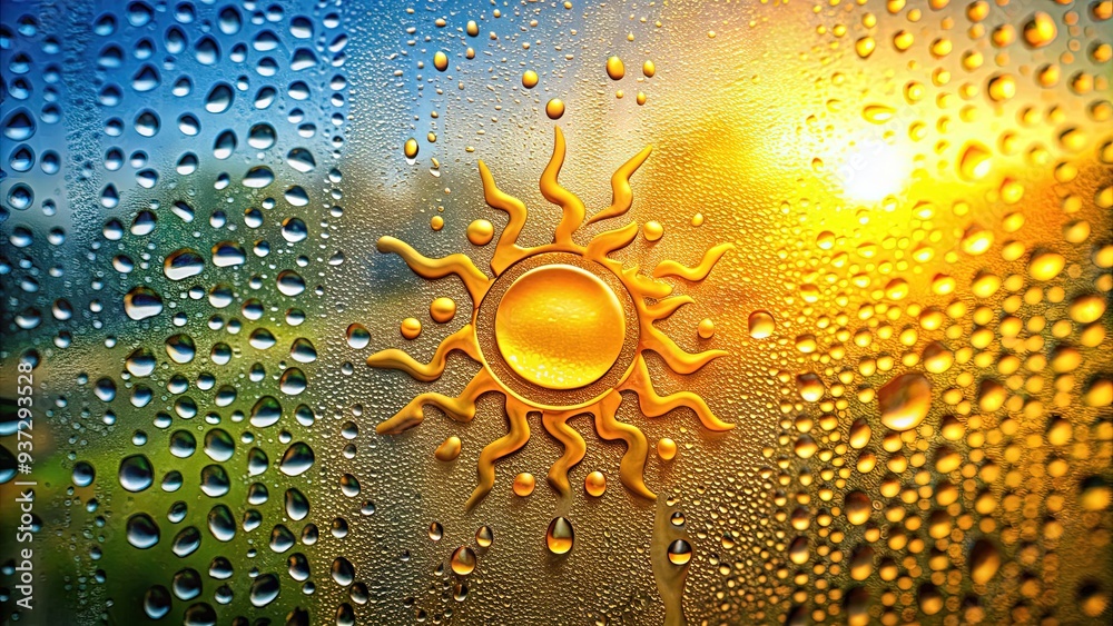 Moisture droplets cling to a stylized icon of a sun, conveying the ...