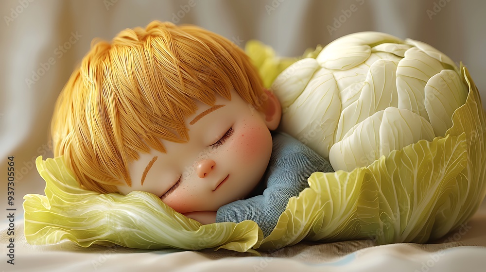 Cute cartoon boy sleeping in a cabbage, capturing the innocence and ...