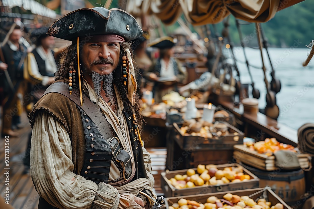 Piratethemed costume party, guests in pirate costumes, ship deck ...