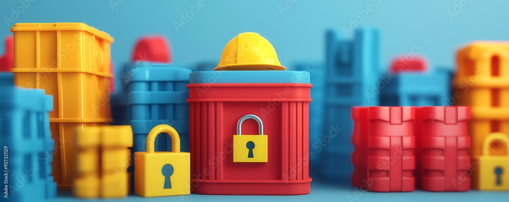 Risk control icons, barriers, safety symbols, and locks, 3D ...