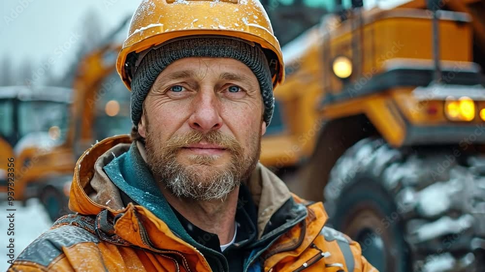 An engineer with a uniform, hard hat, and radio walkie-talkies behind ...