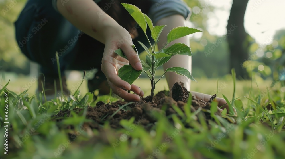 Person planting a tree sapling in a green field. Depicts eco-friendly ...