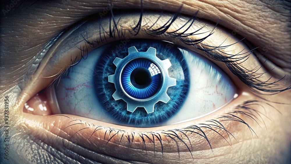 Stylized illustration of a human eye with a trendy gear or cogwheel ...
