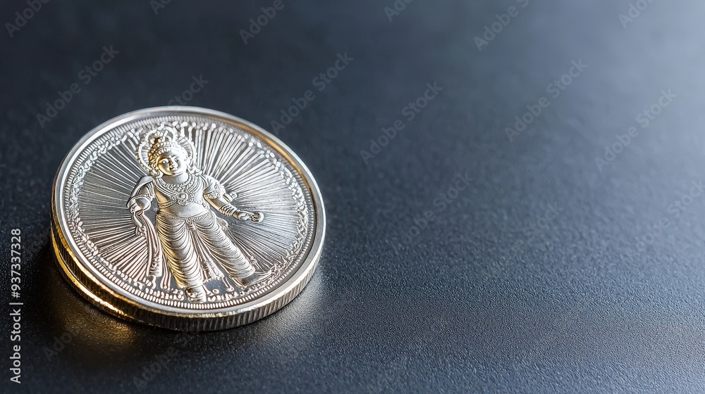 A close-up of a silver coin with a detailed engraving of Lord ...