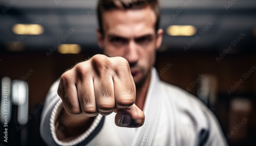 A martial artist in a punching pose facing the camera; selective focus ...