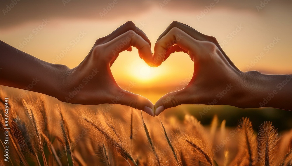 Two hands join together to create the heart shape hand gesture during ...