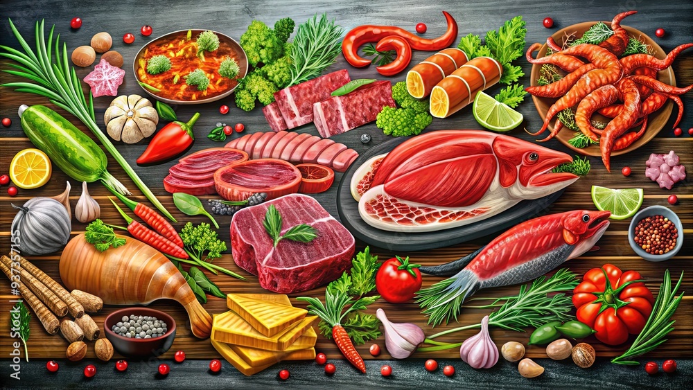 Vibrant illustration of a stylized butcher shop scene featuring ...