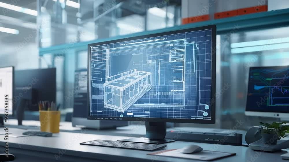 Computer displaying a 3d model of an industrial product is placed on a ...