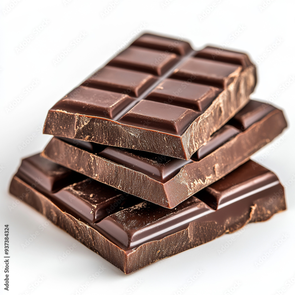 Three chocolate bars stacked on top of each other. The bars are dark ...