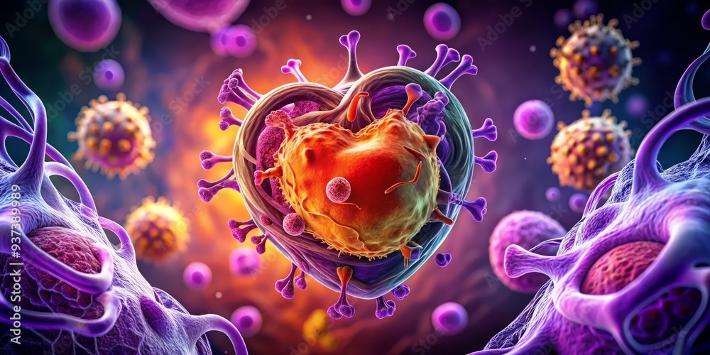 Intense, high-magnification image of a cardiac cell, set against a deep ...