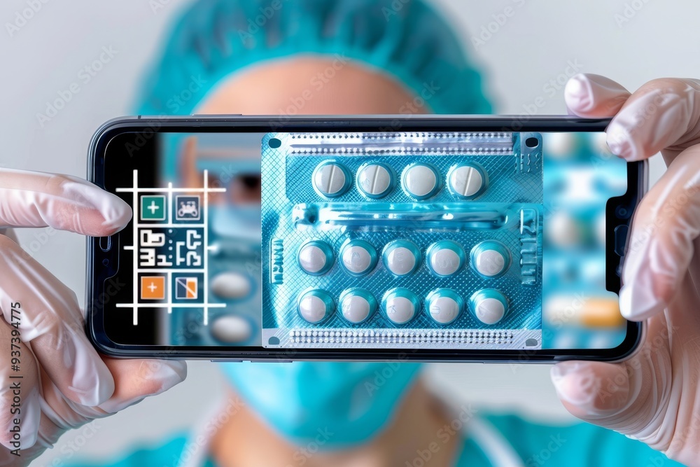Medical worker scans qr code on medication package with mobile device ...
