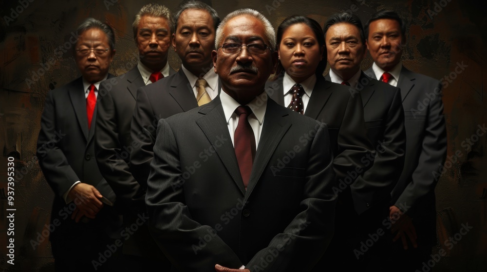 Organized crime group with the boss standing together in formal attire ...