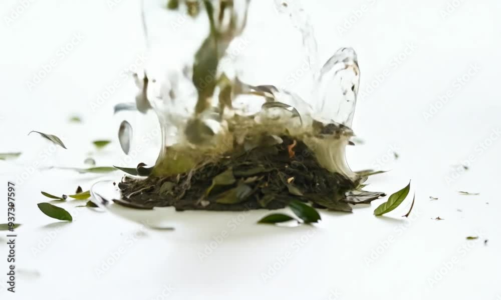 A close-up shot of a tea cup with amber liquid splashing out ...